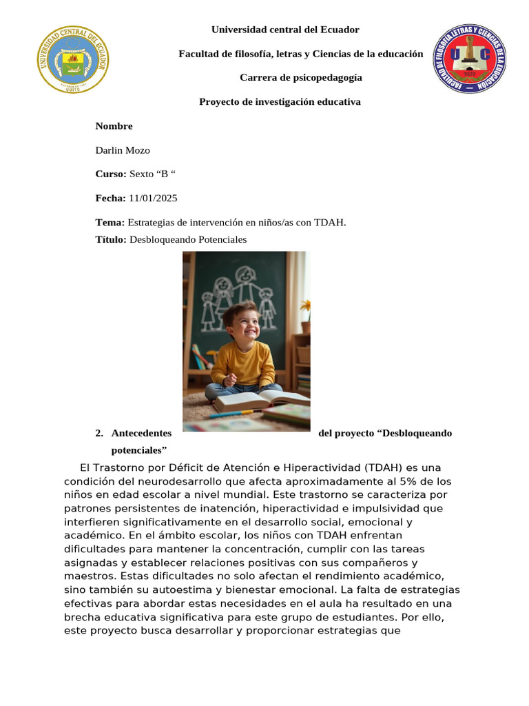 Proyecto de TDAH Mejorado | PDF | Desorden hiperactivo y deficit de atencion | Salón de clases