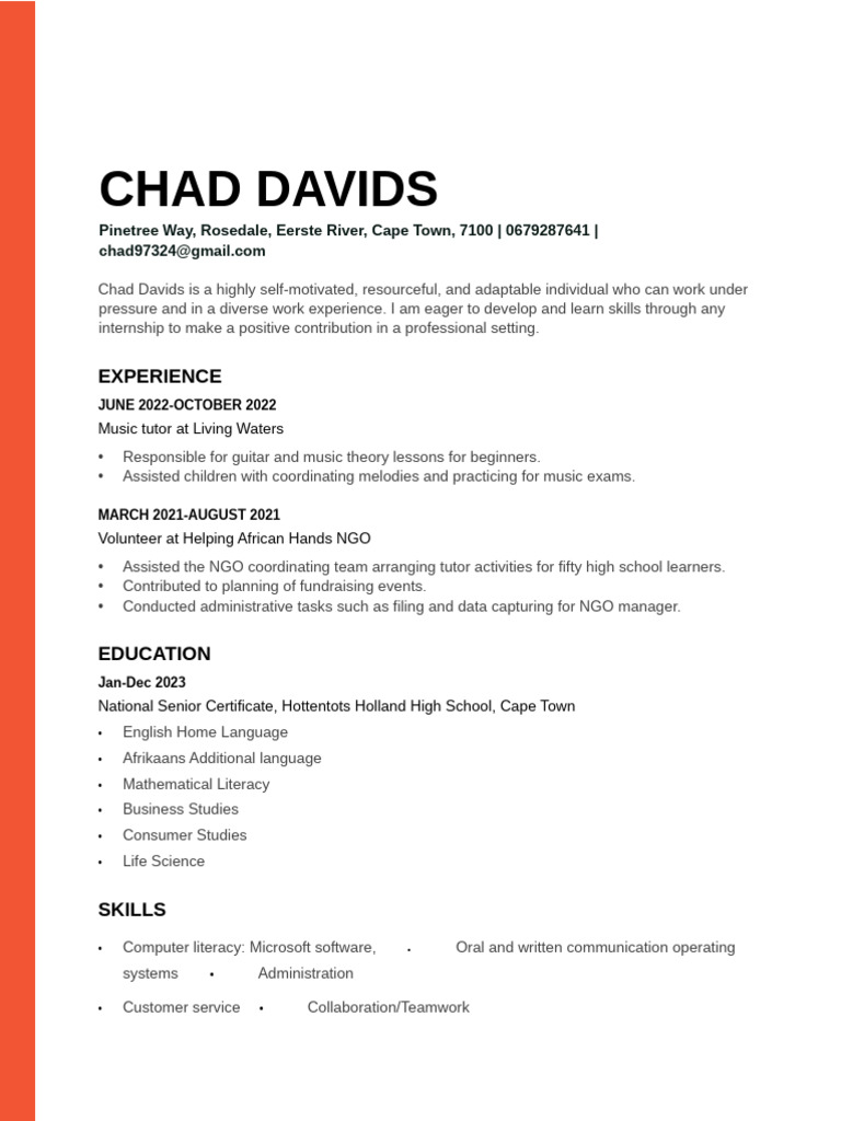 Chad Davids: Music Tutor & Volunteer Resume | PDF