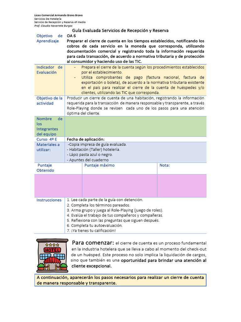 Cierre de Cuenta Hotelero 4º Medio | PDF | Evaluación | Rúbrica (Académica)