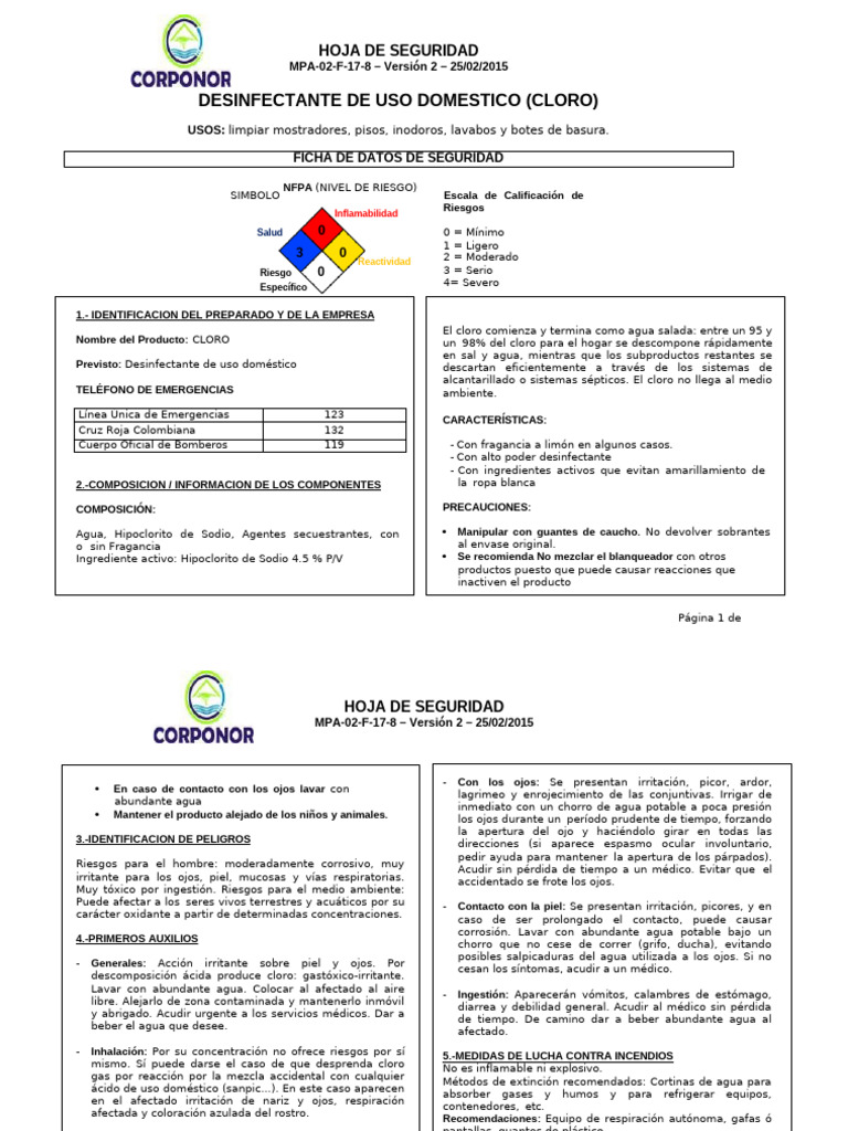 Hoja de Seguridad del Cloro | PDF | Agua | Cloro