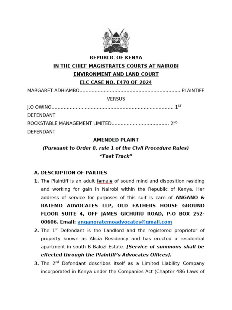 Amended Plaint 17th Dec | PDF | Lease | Leasehold Estate