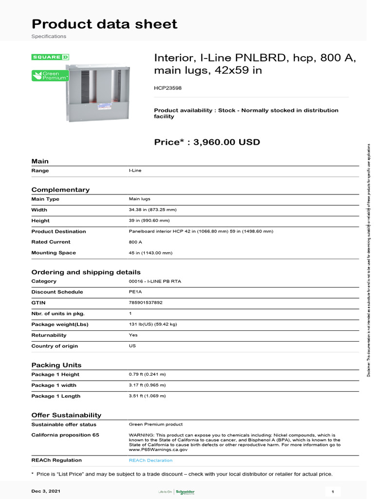 HCP23598 I-Line Panelboard Specs | PDF