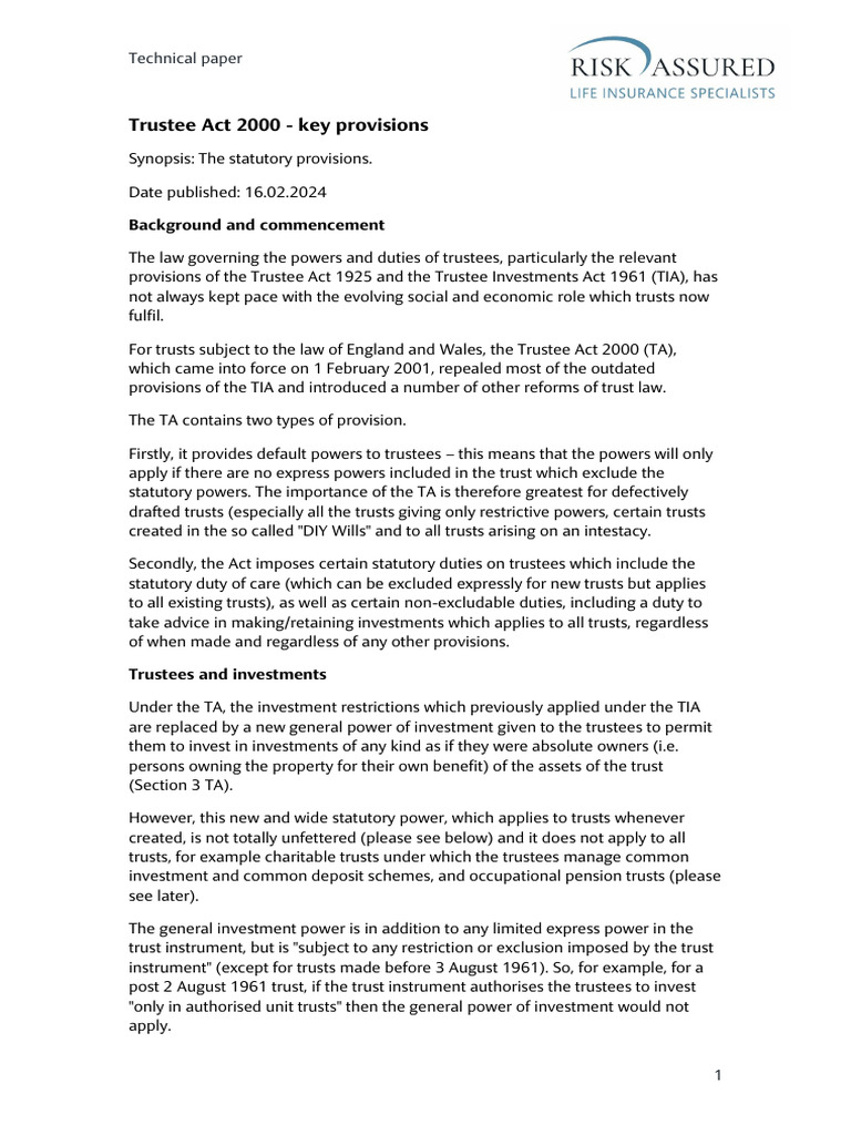 Trustee Act 2000 Key Provisions 16.02.2024 | PDF | Trustee | English Trust Law