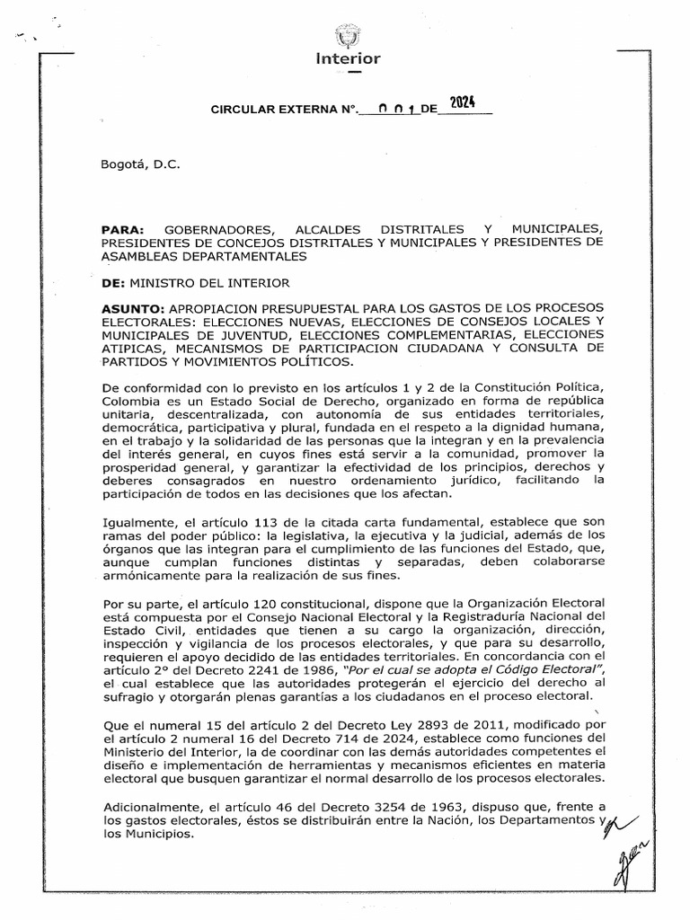 Circular 001 de 2024 -Elecciones Vigencia 2025 | PDF