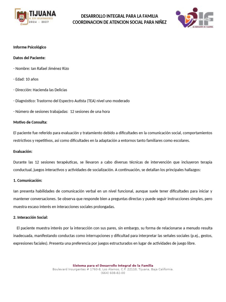 Informe Psicológico Ian Rizo | PDF | Comportamiento | Espectro autista