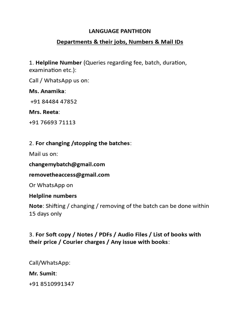 Departments & Thier Jobs, Numbers & Mail IDs | PDF