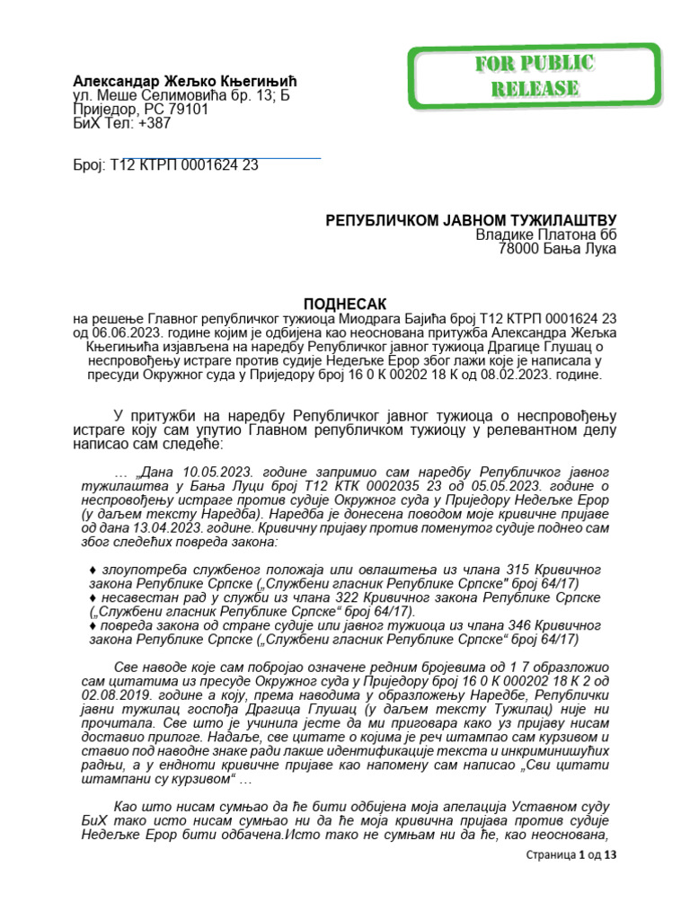 20231016 RJTRS Podnesak na rеšenje Miodraga Bajića | PDF