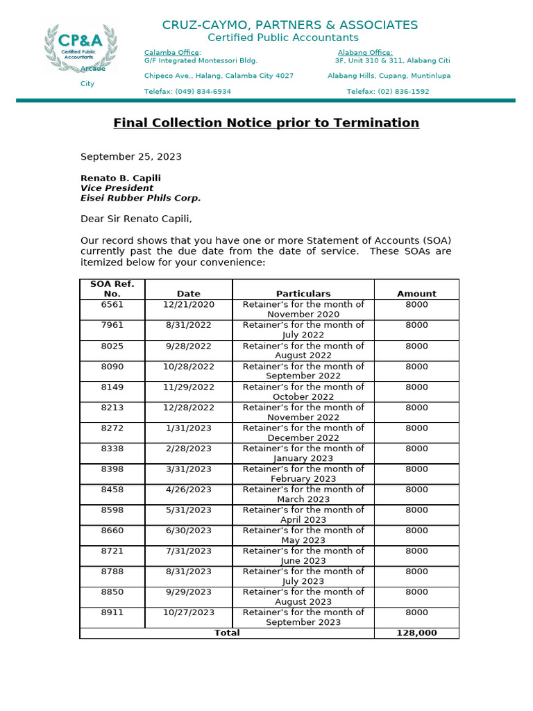 Final Collection Notice for Eisei Rubber | PDF