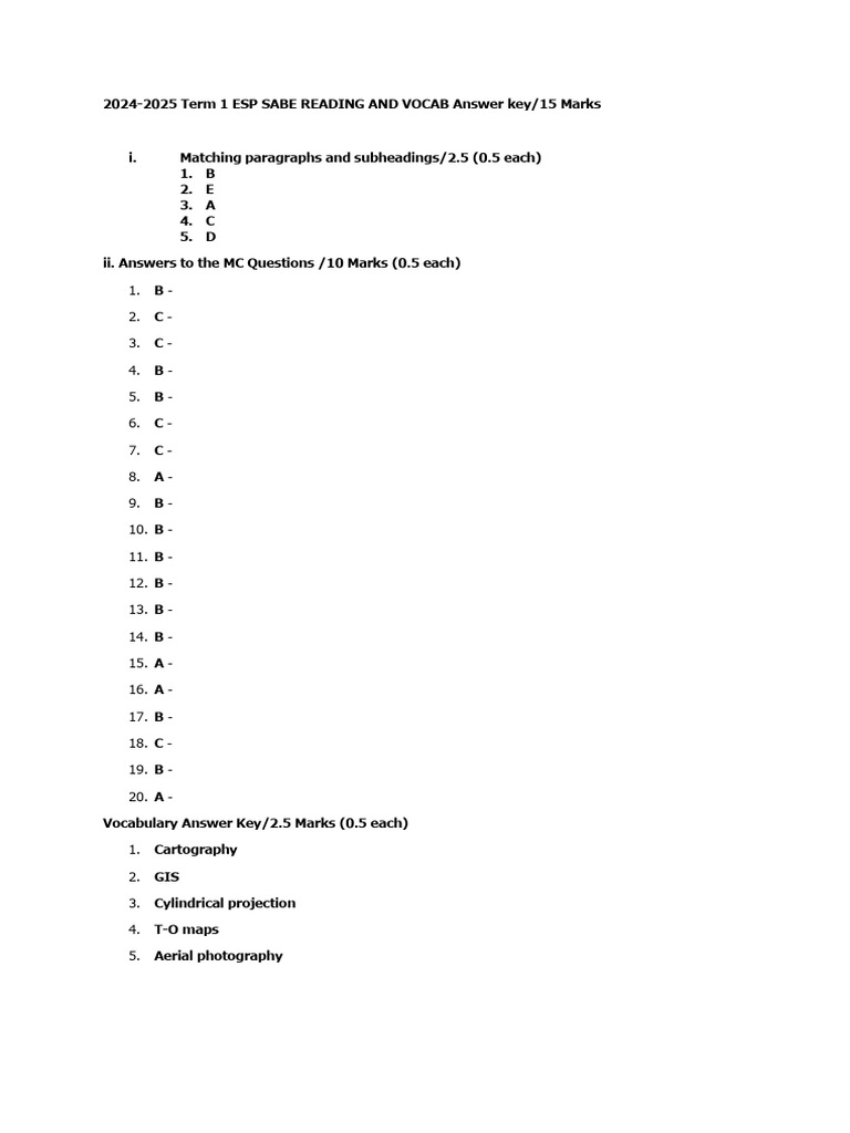 2024-2025 SABE ESP Term 1 Reading and Vocab Answer Key | PDF