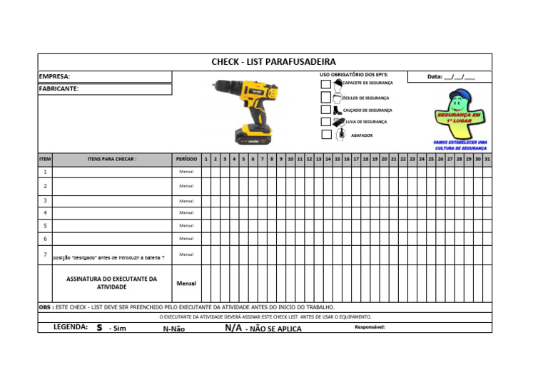 Checklist Mensal para Parafusadeira | PDF