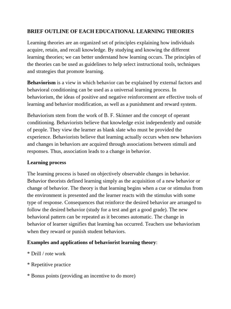 Brief Outline of Each Educational Learning Theories | PDF | Behaviorism | Learning