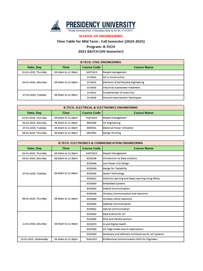 B.Tech Mid Term Exam Schedule 2025 | PDF | Engineering | Internet Of Things