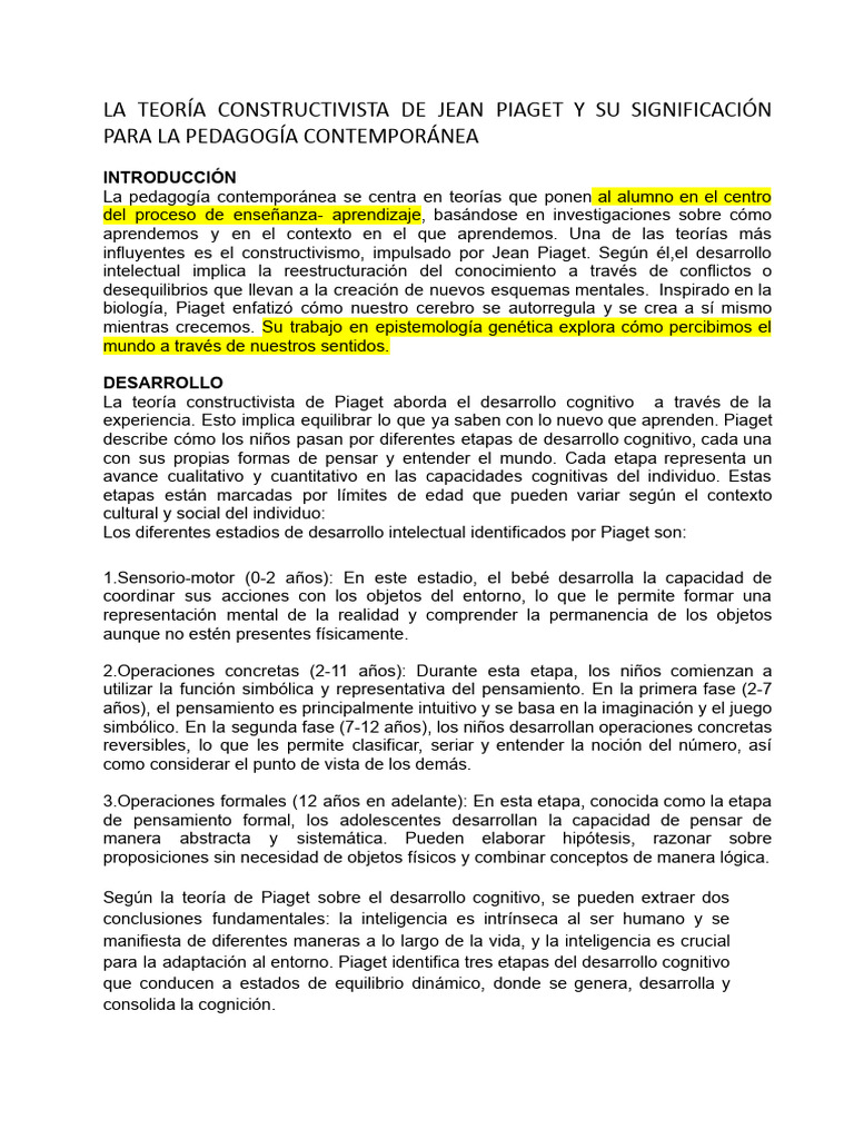 La Teoría Constructivista de Jean Piaget y Su Sigfnificación para La Pedagogía Contemporánea ...