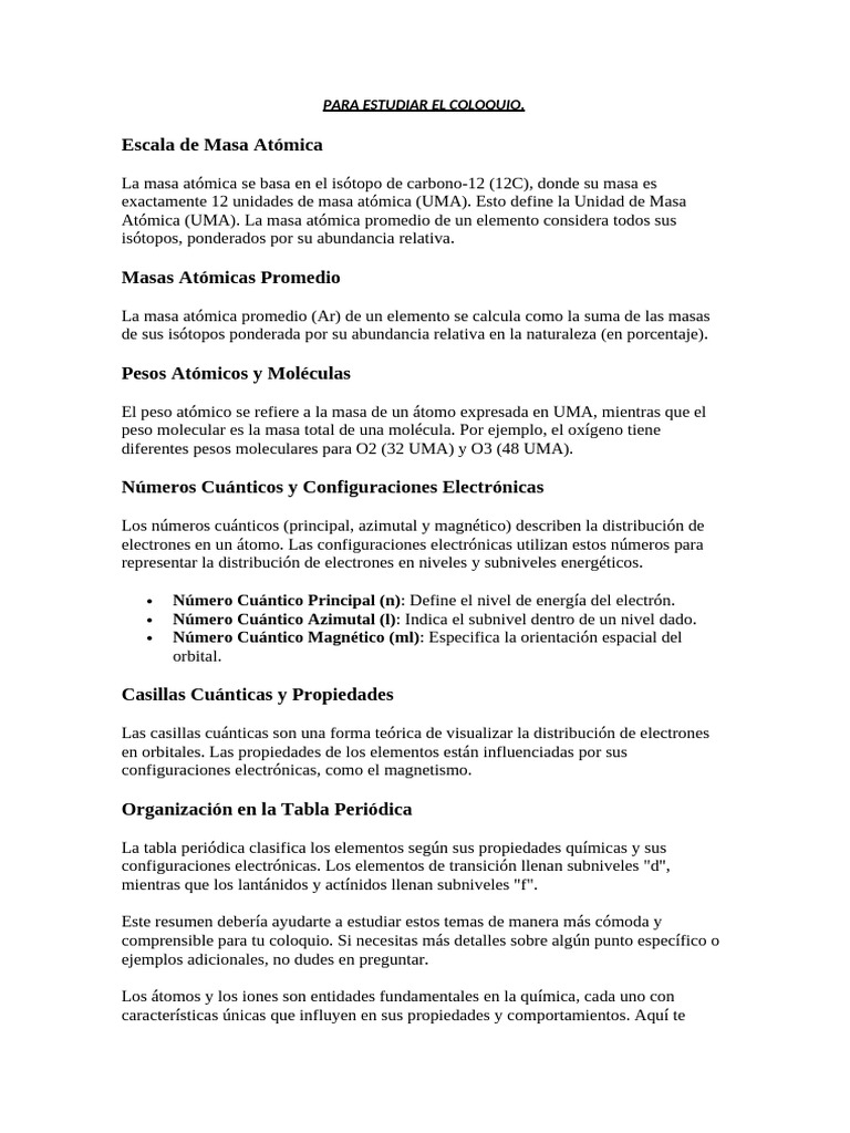 PARA ESTUDIAR EL COLOQUIO | PDF | Enlace químico | Gases