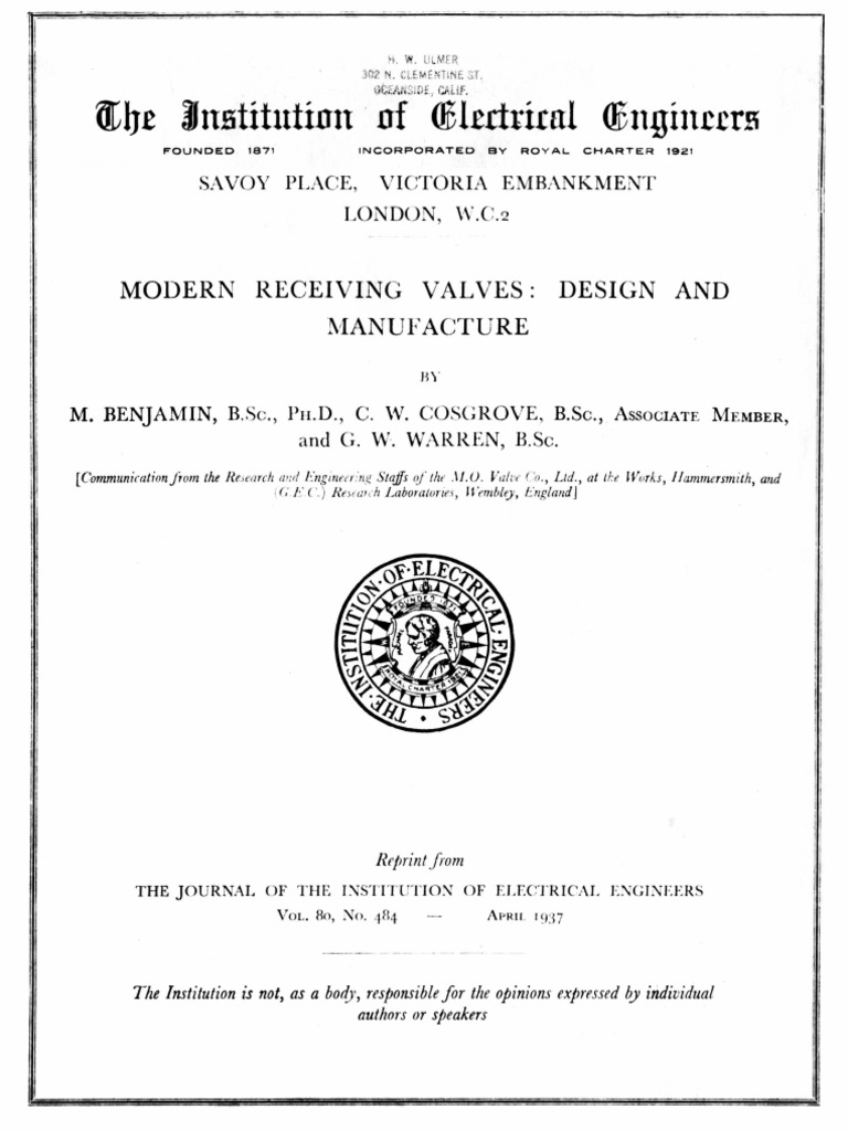 Benjamin Et Al 1937 Modern Receiving Valves-Design and Manufacture | PDF