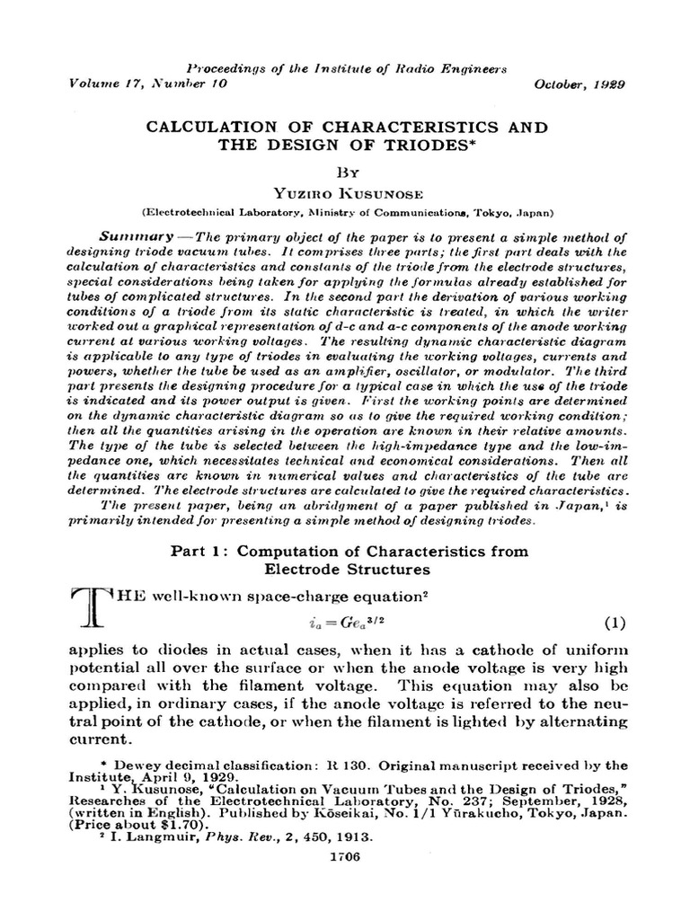 Calculation of Characteristics and The Design of Triodes by Kusunose ...