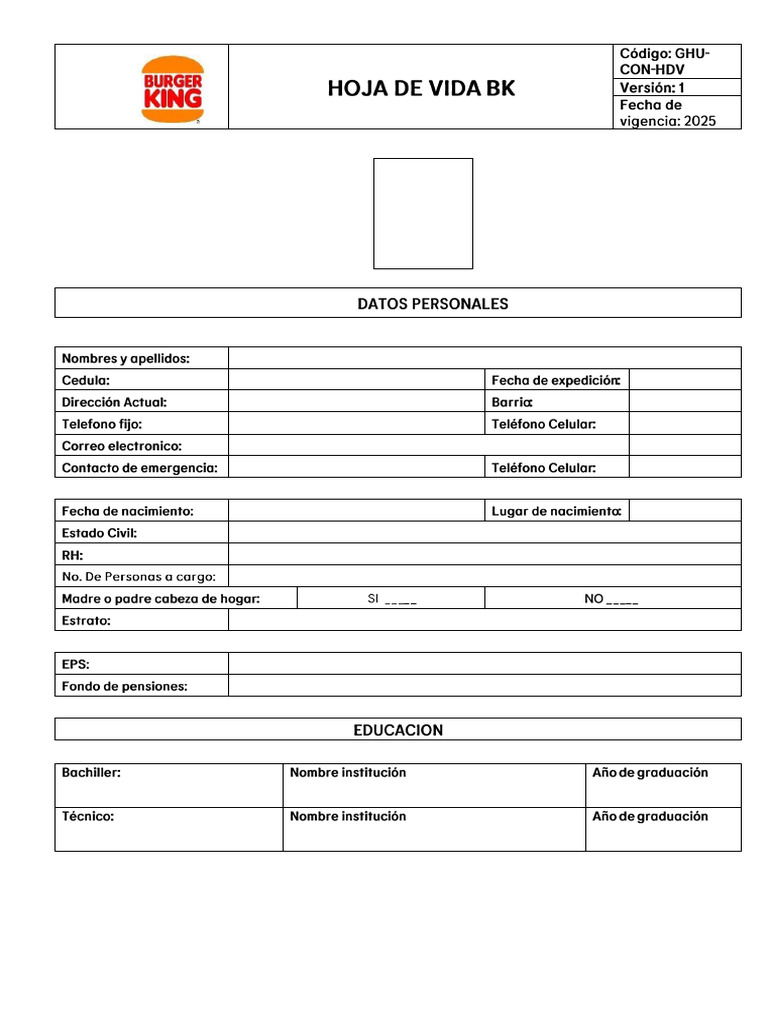 Hoja de Vida Formato BK | PDF