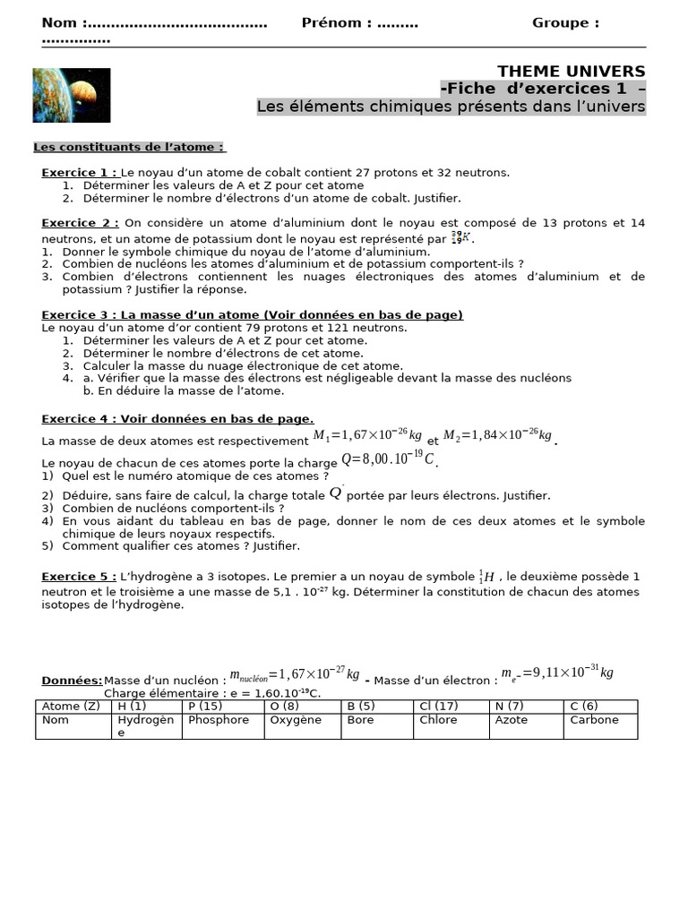 Exercices sur les éléments chimiques | PDF | Atomes | Noyau atomique