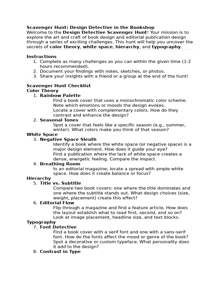 Scavenger Hunt Editorial Design | PDF | Bookbinding | Typefaces