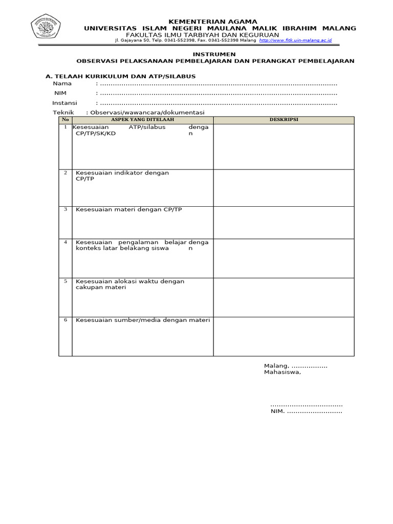Instrumen PLSP Perangkat Pembelajaran (Mahasiswa) | PDF