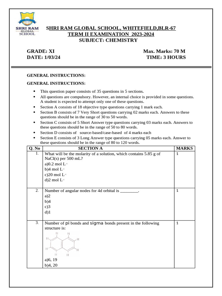 Grade XI Chemistry Term II Exam 2023-24 | PDF | Heat | Gases