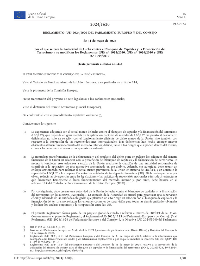 REGLAMENTO (UE) 2024:1620 DEL PARLAMENTO EUROPEO Y DEL CONSEJO de 31 de Mayo de 2024 | PDF ...