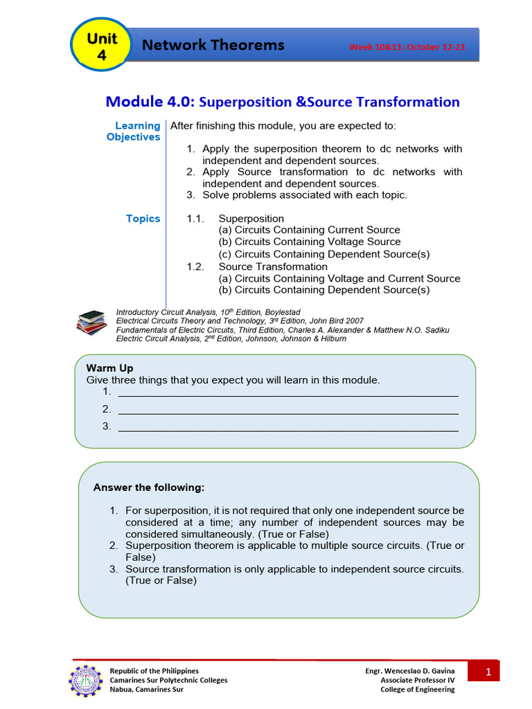 Worksheet 2.0 Superposition and Source Transformation | PDF ...