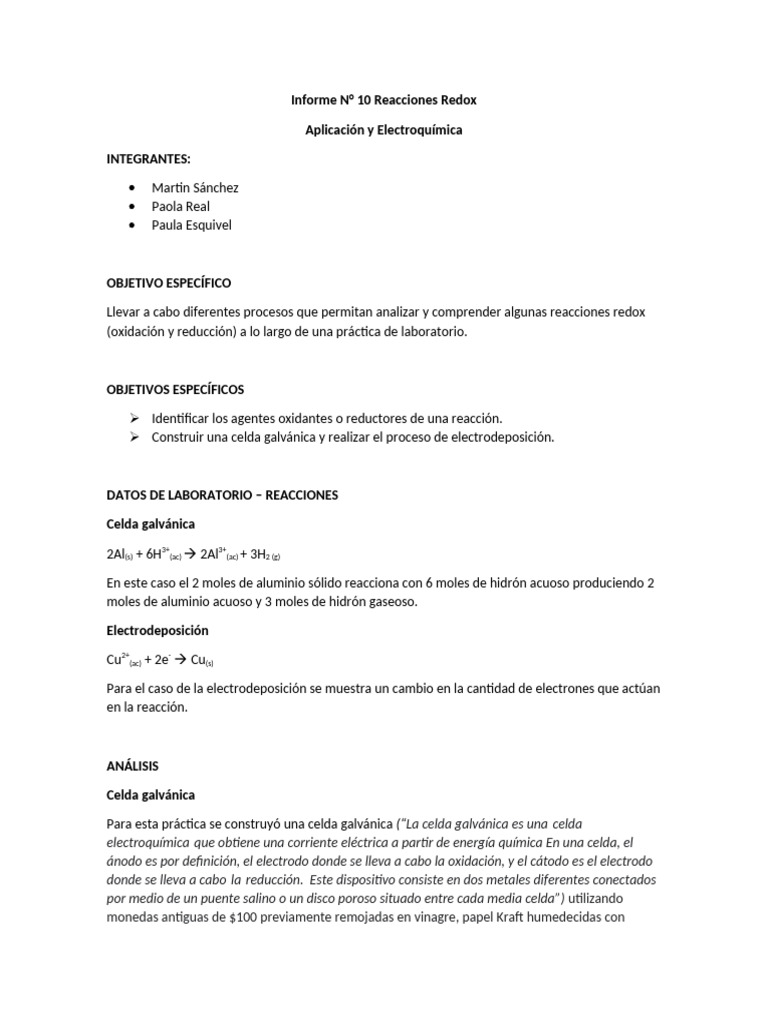 Informe Lab Quimica Ultima Practica | PDF | Redox | Electroquímica