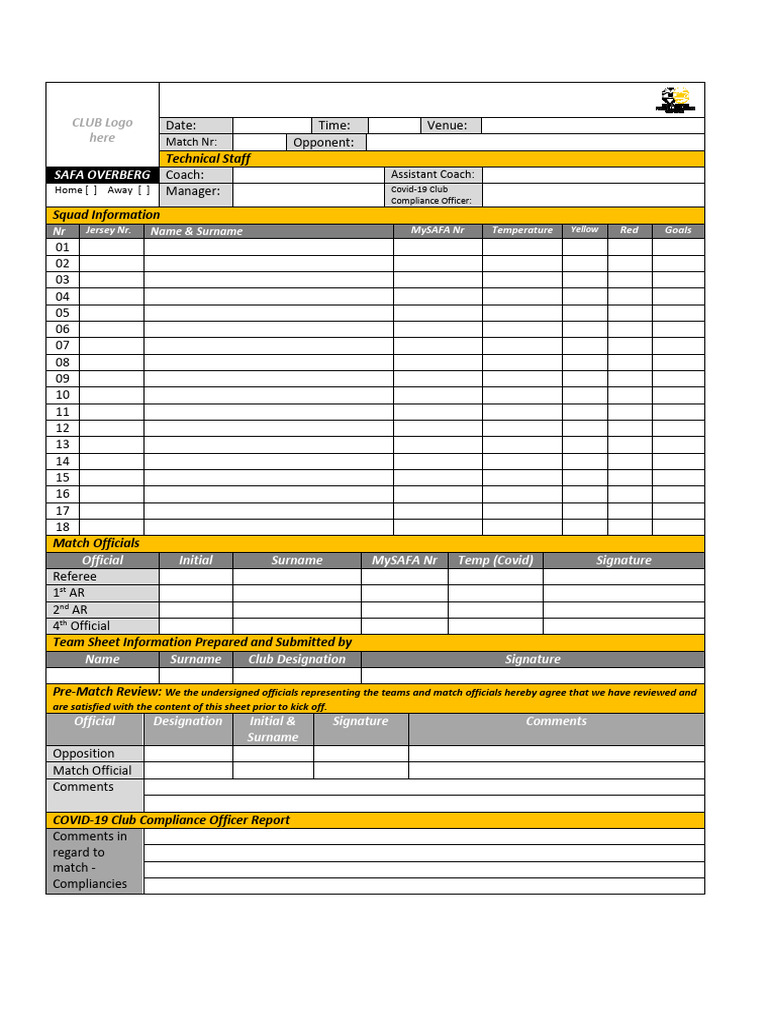 SAFA Overberg Team Sheet Template | PDF