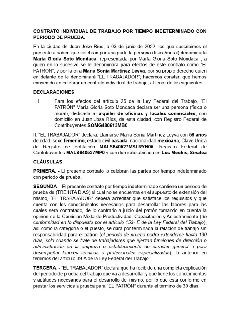 Contrato Individual de Trabajo Por Tiempo Indeterminado | PDF | Salario