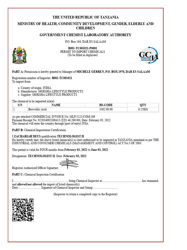 Tanzania Chemical Import Permit 3302.90.90 | PDF