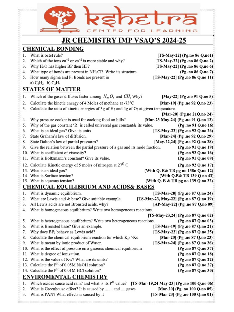 JR Chemistry Imp Vsaq 2024-25 | PDF