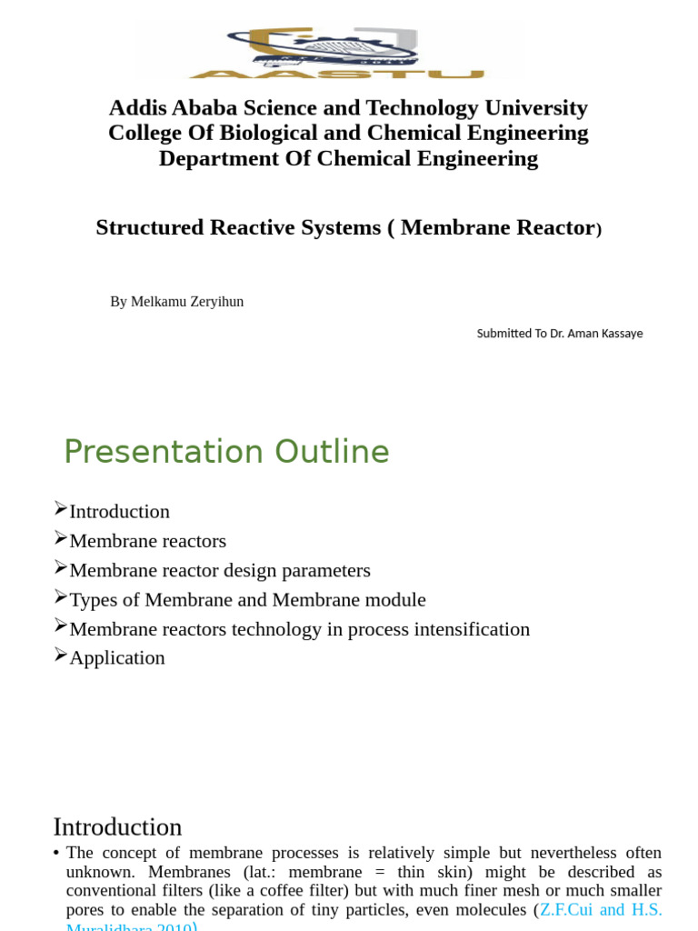 Membrane Reactor Presentation2 | PDF | Membrane | Membrane Technology