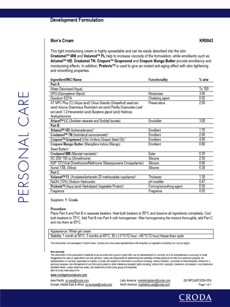 KR 0043 Men S Cream - Dev | PDF | Trademark | Chemical Substances