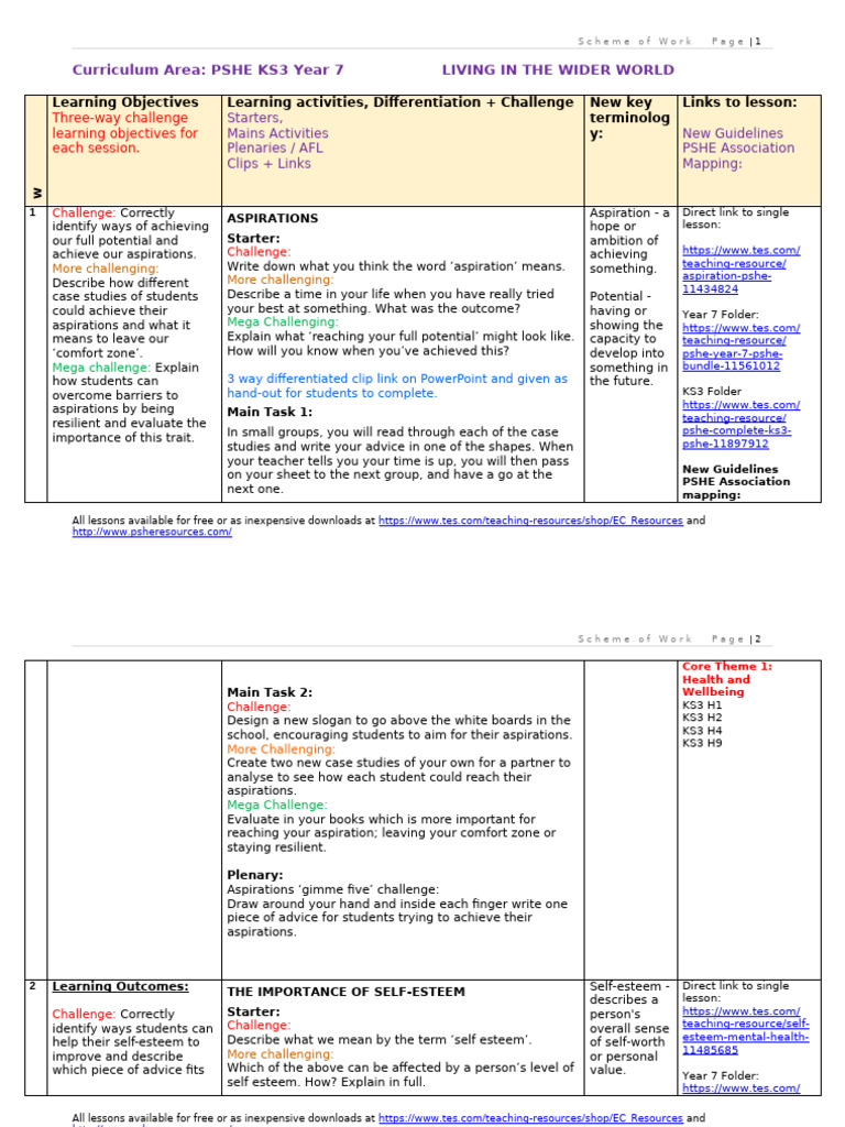 Year 7 PSHE: Aspirations & Self-Esteem | PDF | Stereotypes | Self Esteem