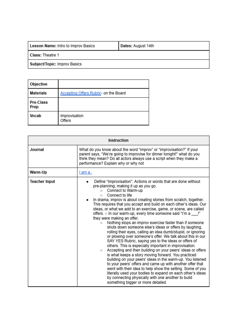 Lesson Plans - Improv Basics | PDF | Improvisational Theatre | Rubric ...