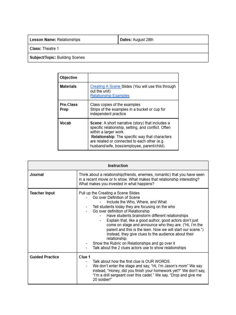 Theatre 1: Building Scenes Lesson | PDF
