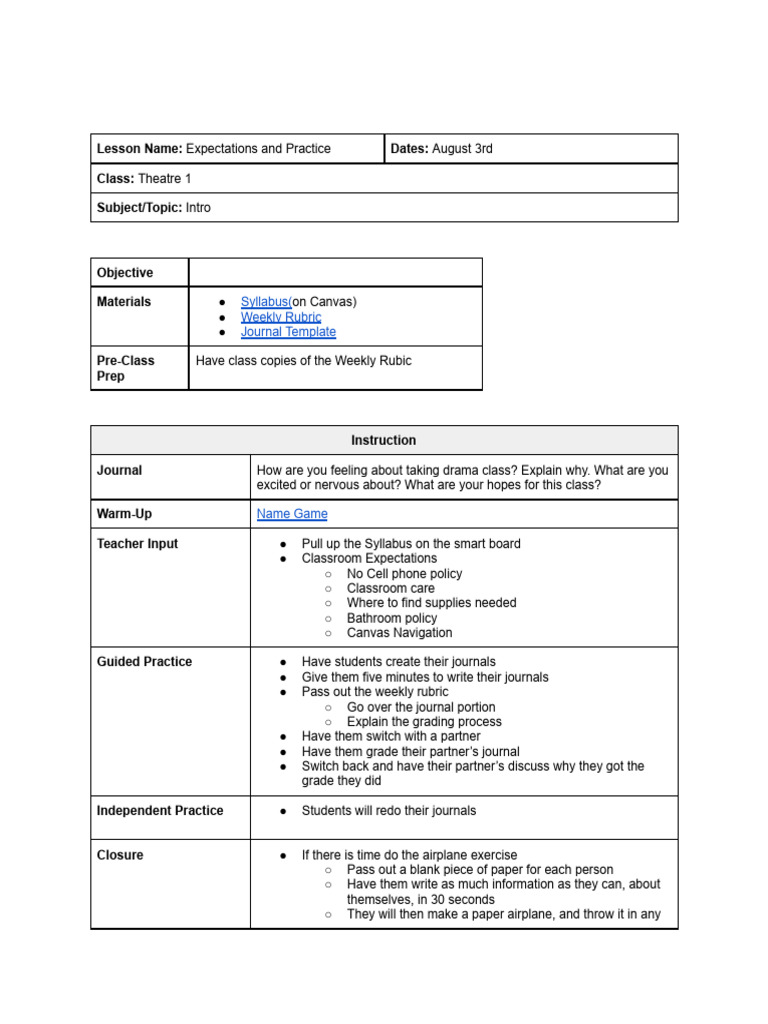 Lesson Plan - Unit One - Intro | PDF | Rubric (Academic) | Human ...