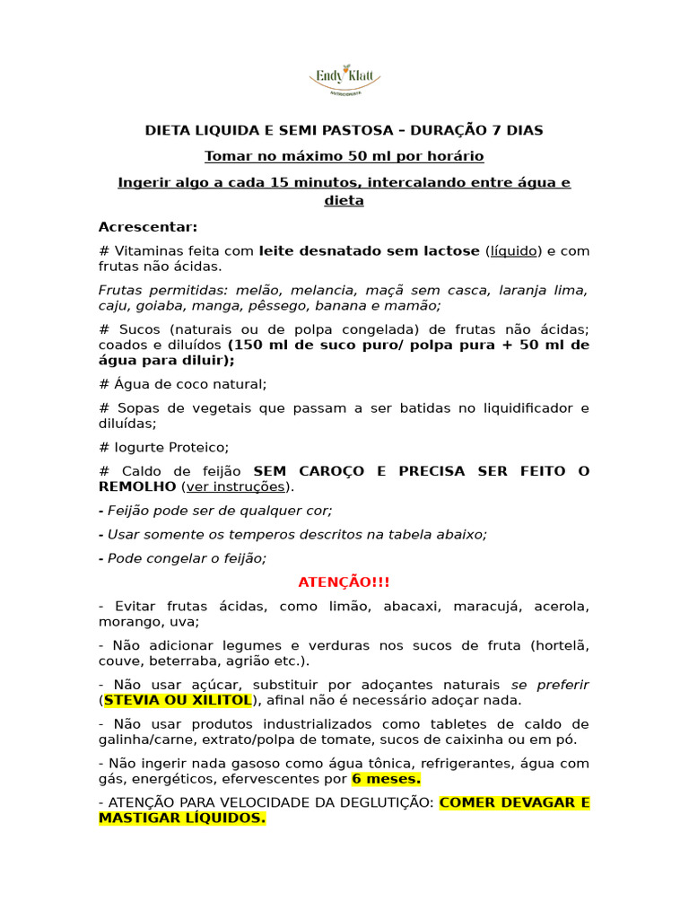 Dieta Líquida e Semi Pastosa: 7 Dias | PDF | Caldo | Fruta