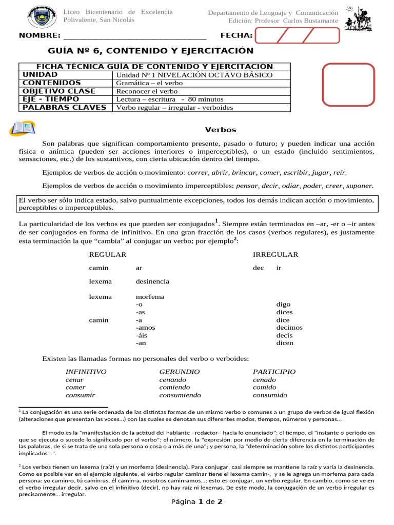 Guía 6 Octavo El Verbo | PDF | Verbo | Conjugación gramatical