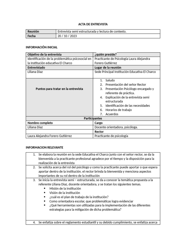 Acta Entrevista Semiestructurada | PDF