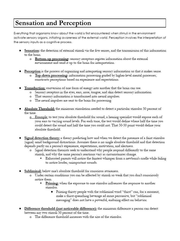 Sensation and Perception Study Guide | PDF | Senses | Perception