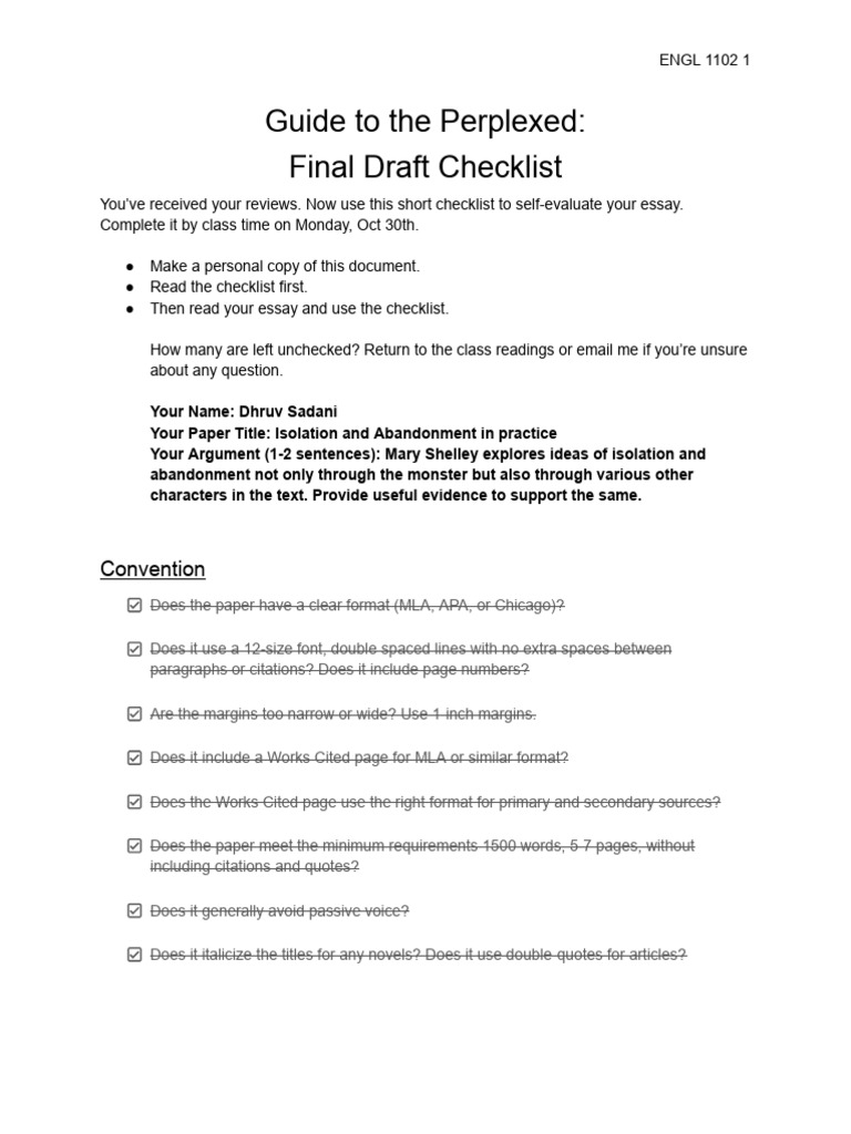 ENGL 1102 Artifact 3 - Final Draft Checklist | PDF | Citation | Paragraph