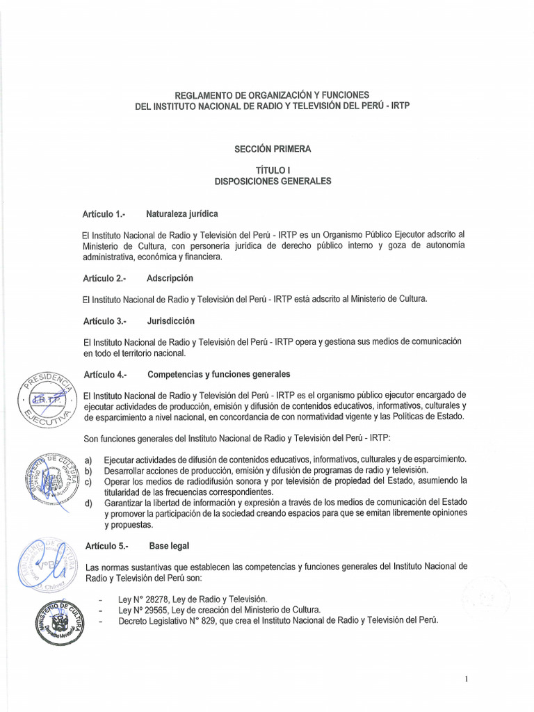 Nuevo Reglamento de Organizacion y Funciones Del Irtp | PDF