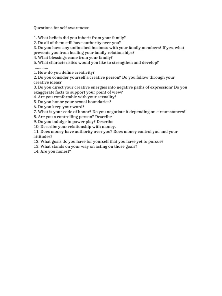 Self-Awareness Reflection Questions | PDF