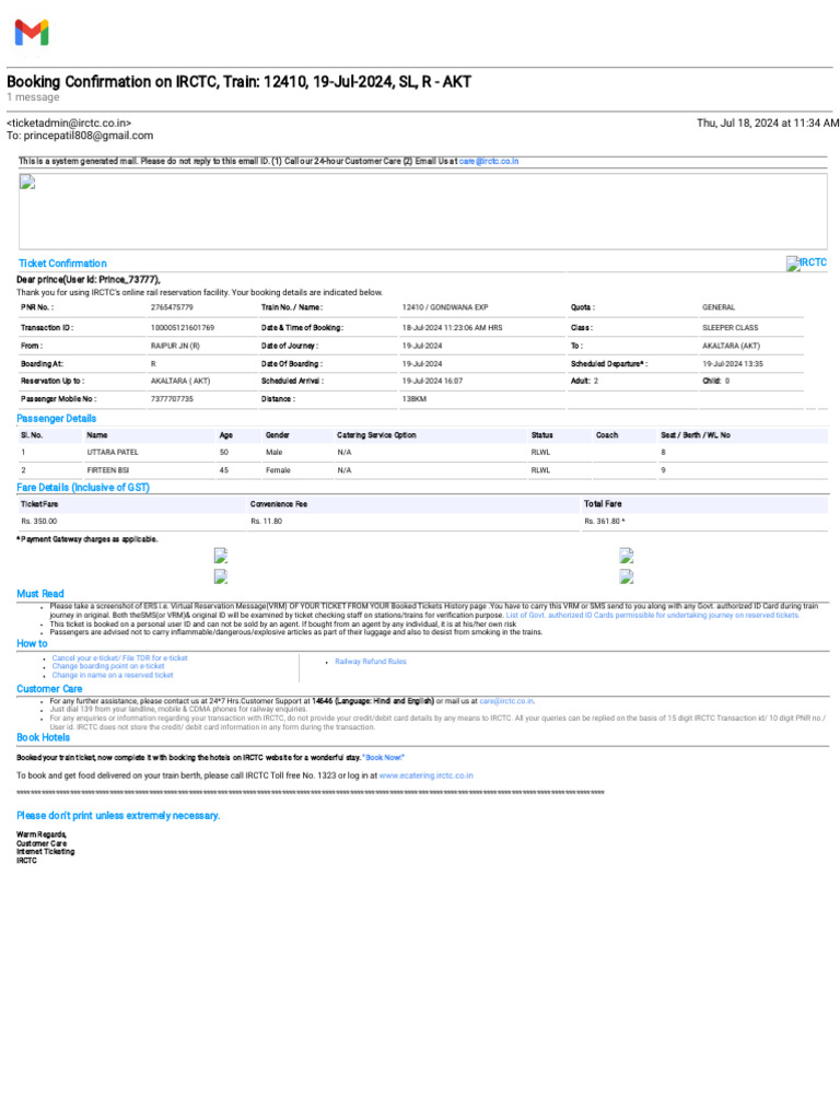 IRCTC Booking Confirmation Email | PDF | Service Industries