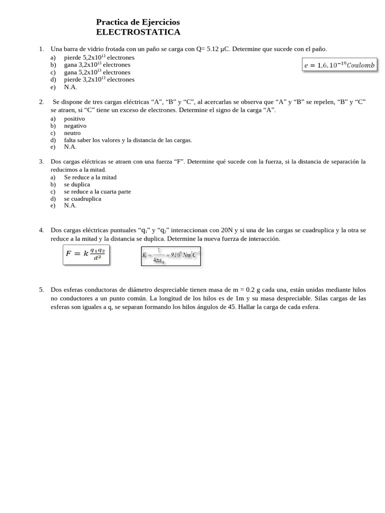 Practica de Ejercicios Electrostatica | PDF