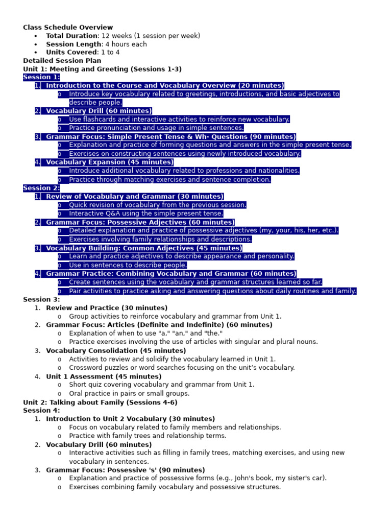 Class Schedule Overview A2+ - TOP NOTCH 1 | PDF | Adverb | Syntax