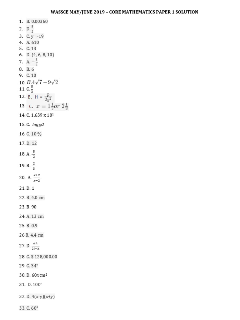 2019 Wassce May-june – Core Mathematics Paper 1 Solution | PDF
