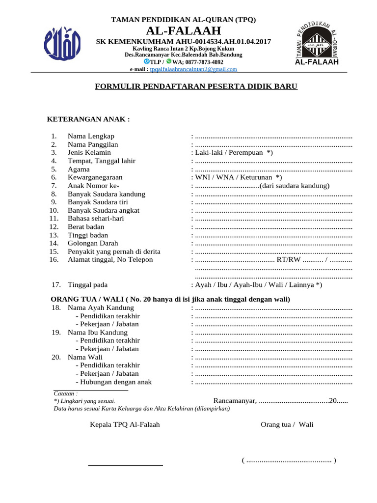 formulir tpq al-falaah | PDF